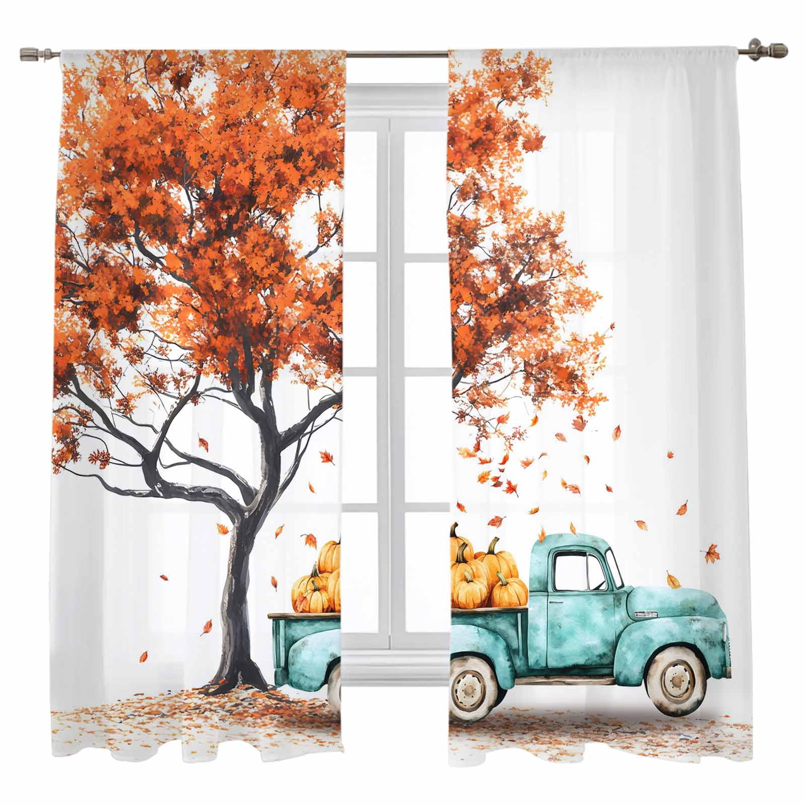 Fall Sheer Curtains 63 inches Long, Truck Pumpkin Tree Fallen Leaves ...
