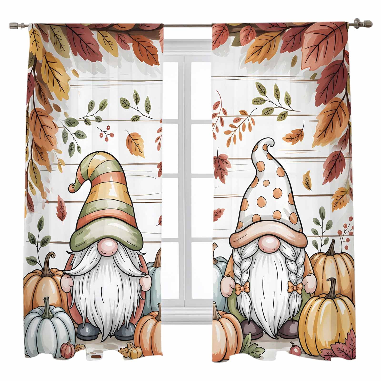 Fall Sheer Curtains 72 inches Long, Pumpkin Gnome Fallen Leaves Cartoon ...