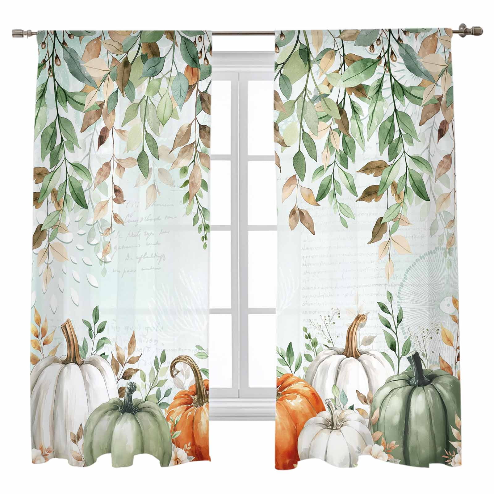 Fall Sheer Curtains 72 inches Long, Pumpkin Green Eucalyptus Leaves ...