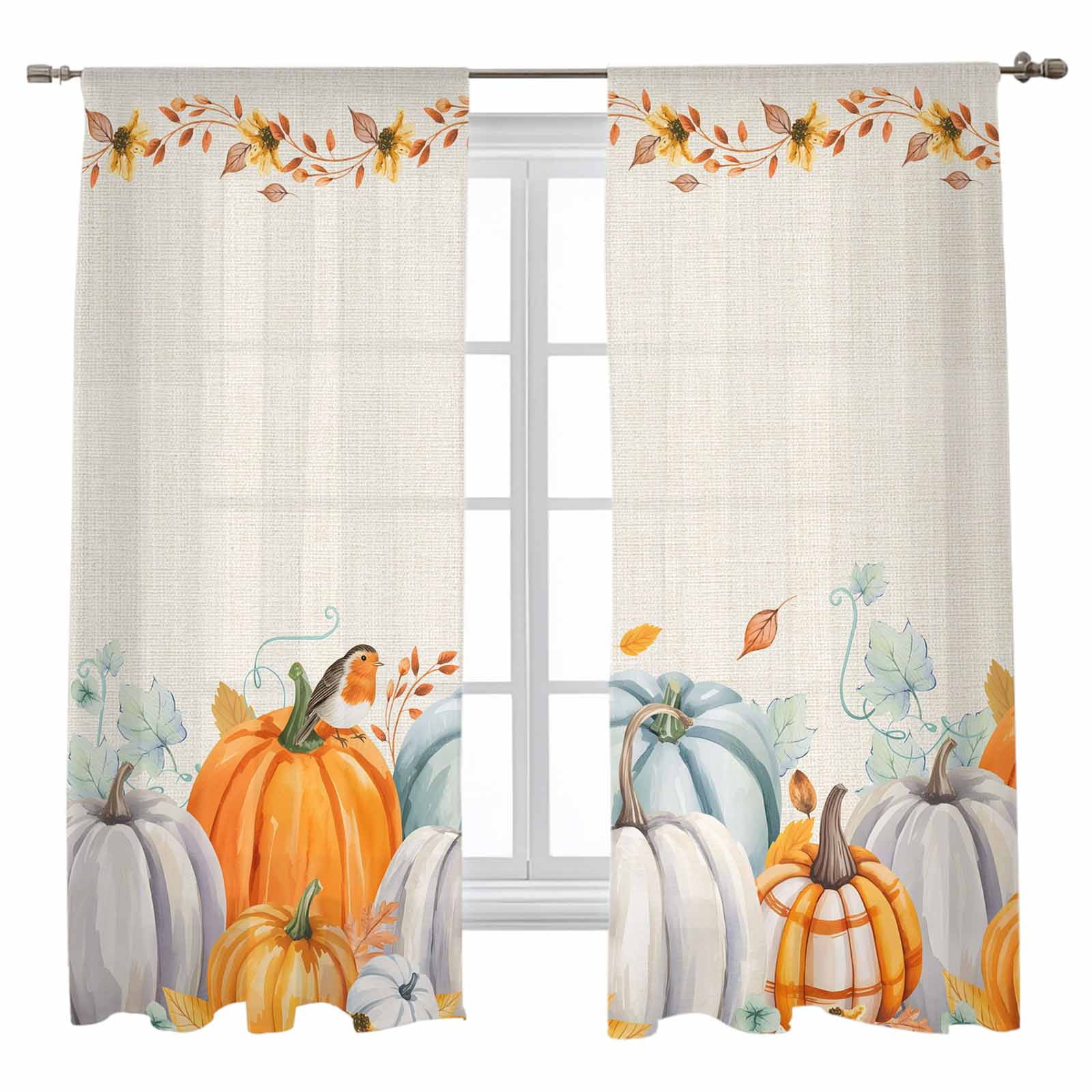 Fall Sheer Curtains 72 inches Long, Pumpkin Thanksgiving Plant Leaf ...