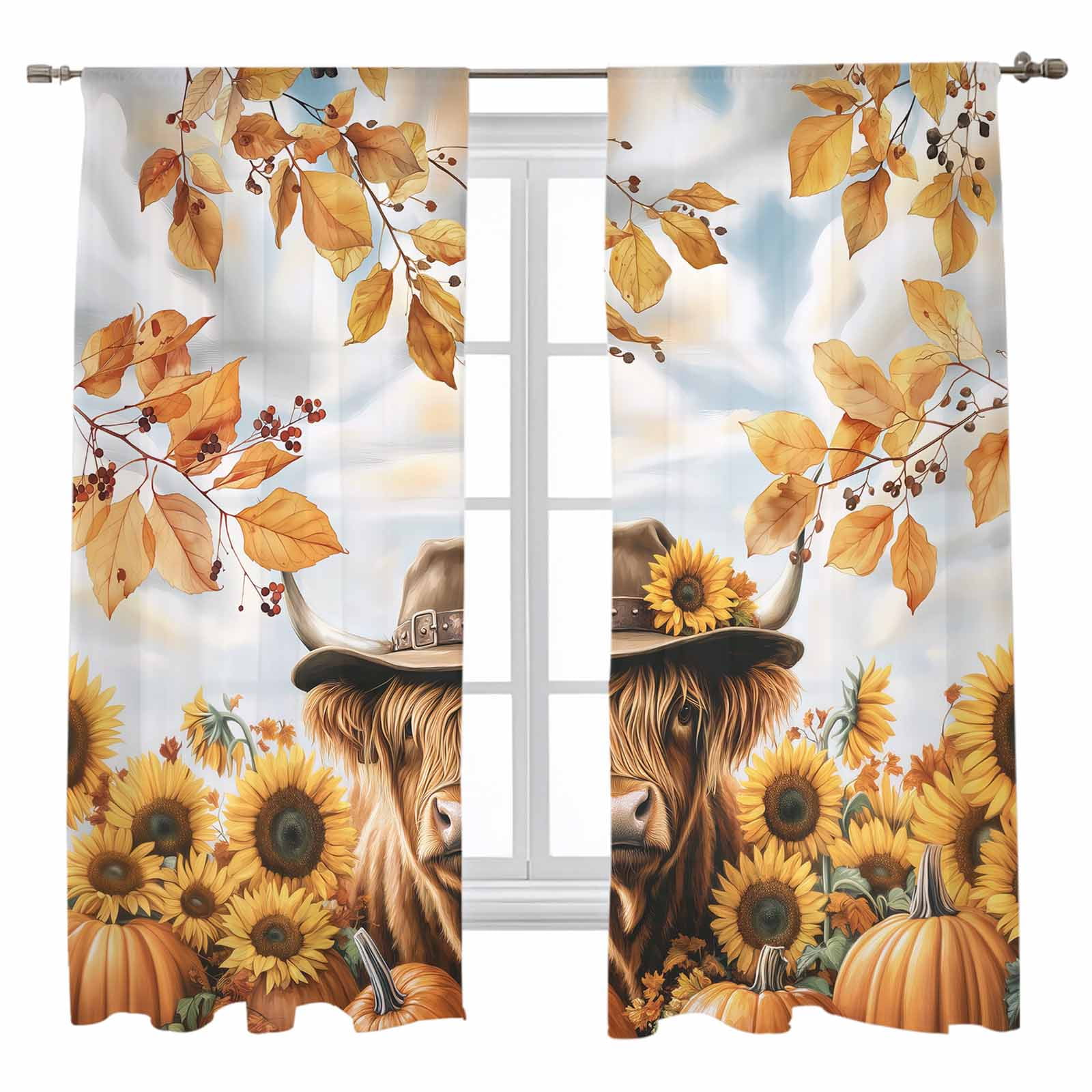 Fall Sheer Curtains 72 inches Long, Thanksgiving Highland Cattle ...