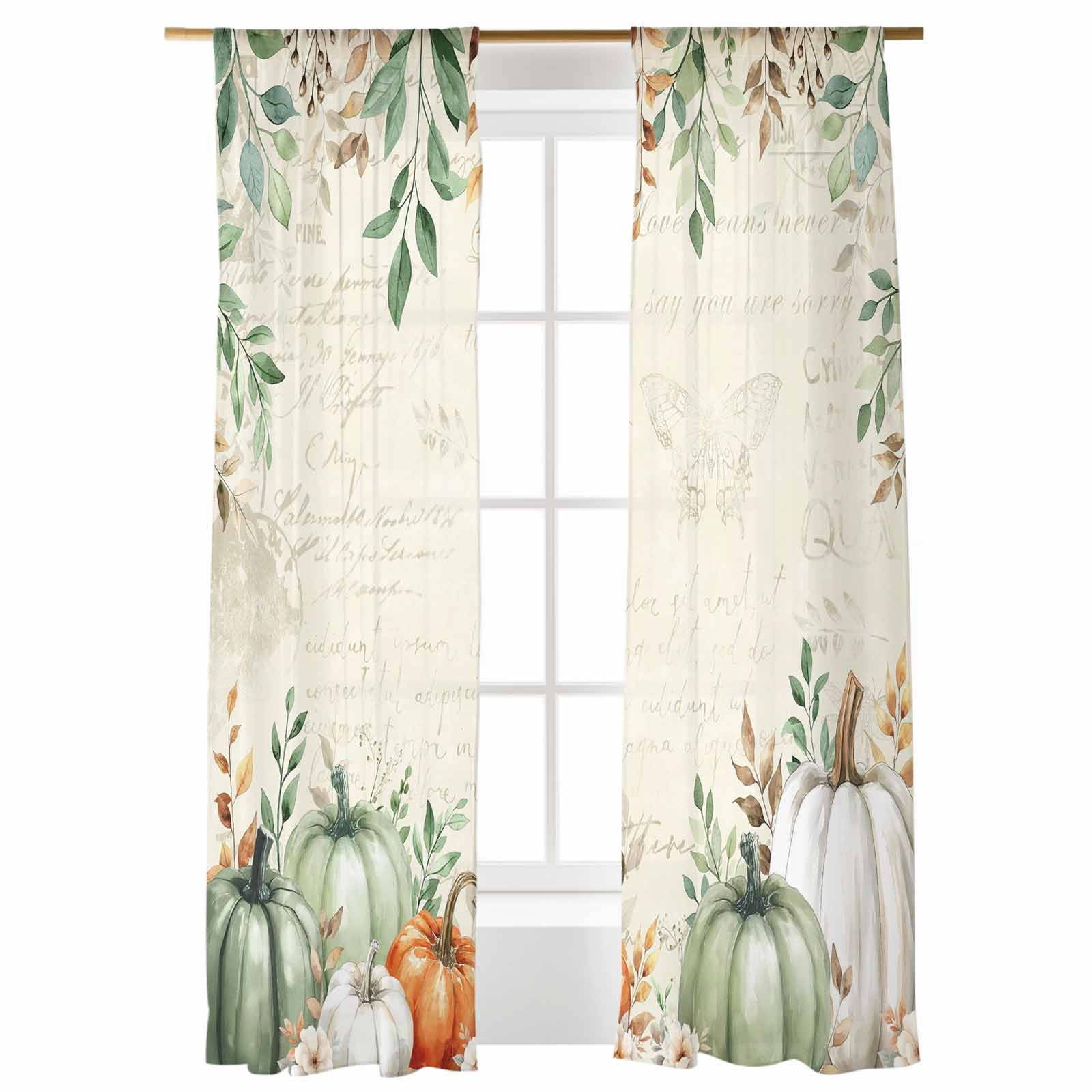 Fall Sheer Curtains 84 inches Long, Pumpkin Eucalyptus Leaves Flower ...