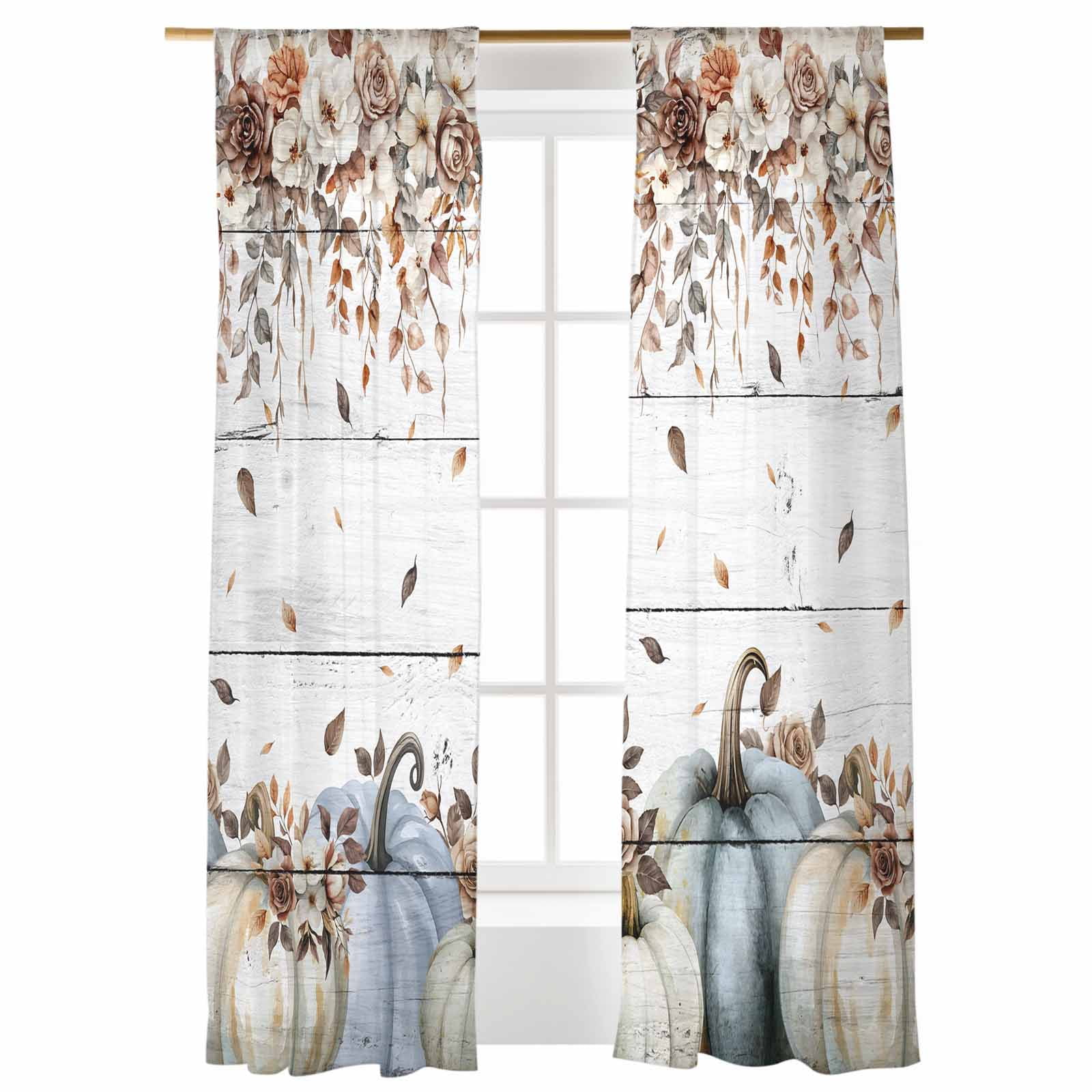 Fall Sheer Curtains 96 inches Long, Blue Pumpkin Rose Fallen Leaves ...