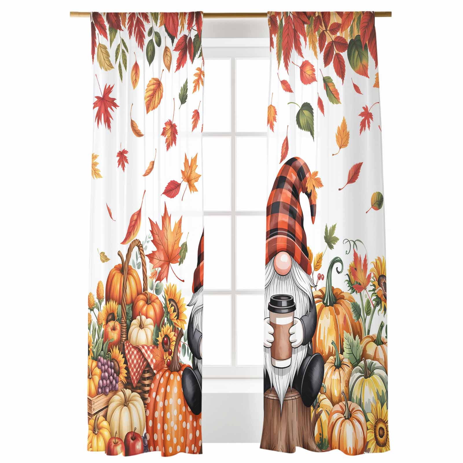 Fall Sheer Curtains 96 inches Long, Gnome Pumpkin Fallen Leaves ...