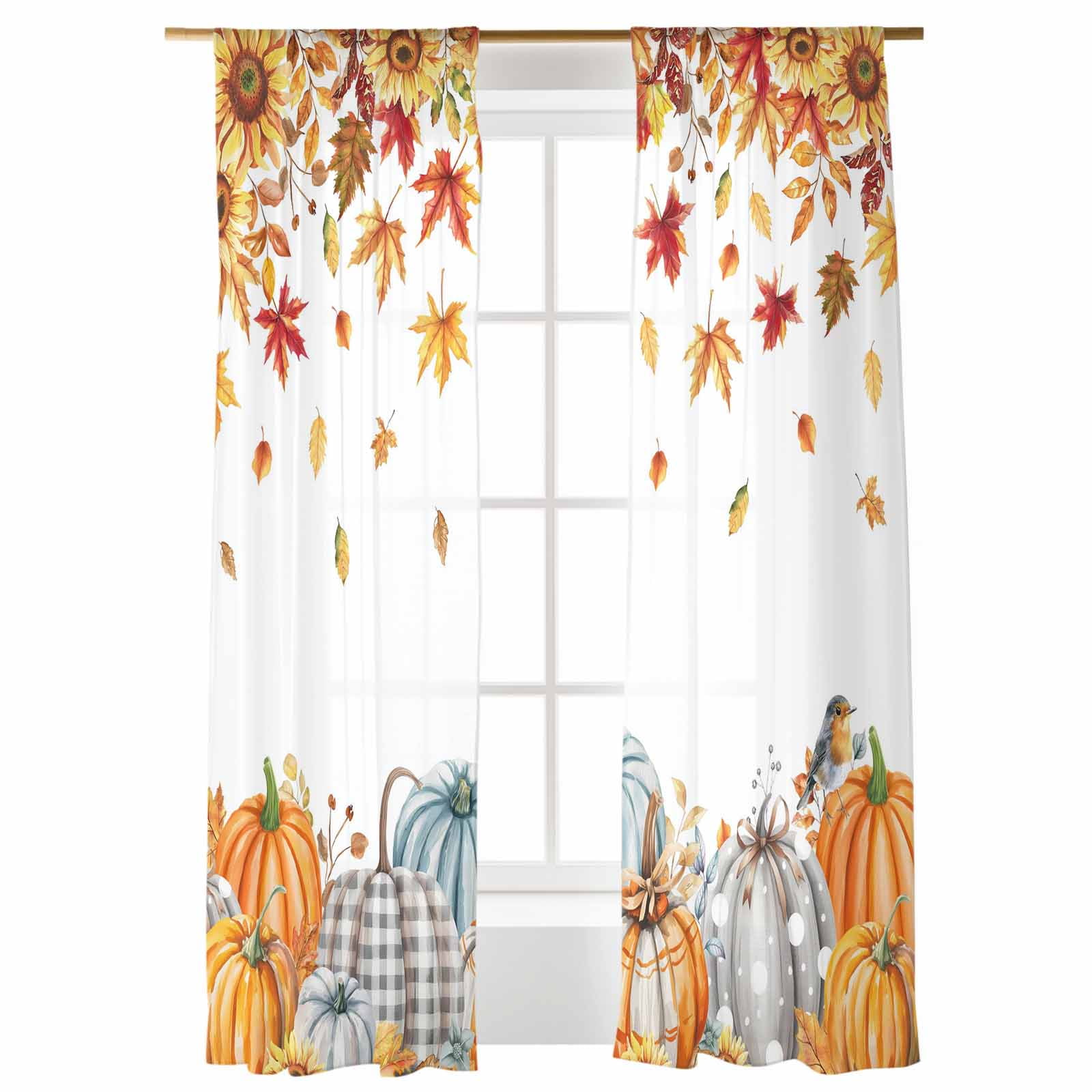 Fall Sheer Curtains 96 inches Long, Pumpkin Thanksgiving Sunflower ...