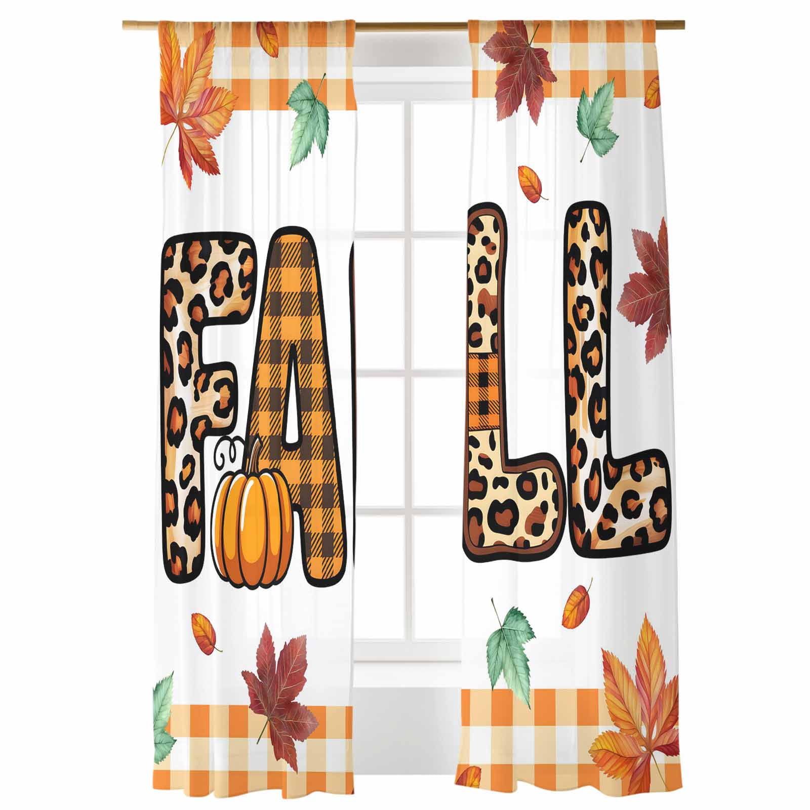Fall Sheer Curtains 96 inches Long, Text Leopard Print Pumpkin Maple ...