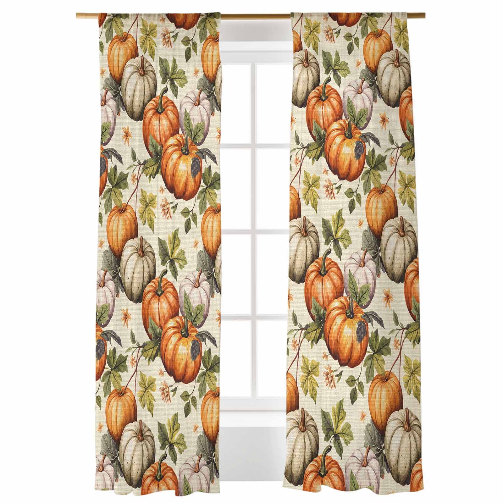 Fall Sheer Curtains 96 inches Long, Theme Fallen Leaves Pumpkin Linen ...