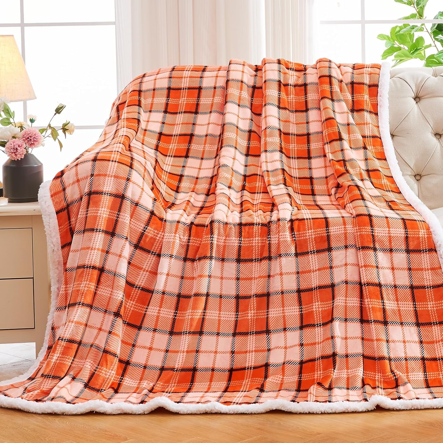 Fall Sherpa Throw Blanket Autumn Plaid Halloween Soft Throw Blankets ...