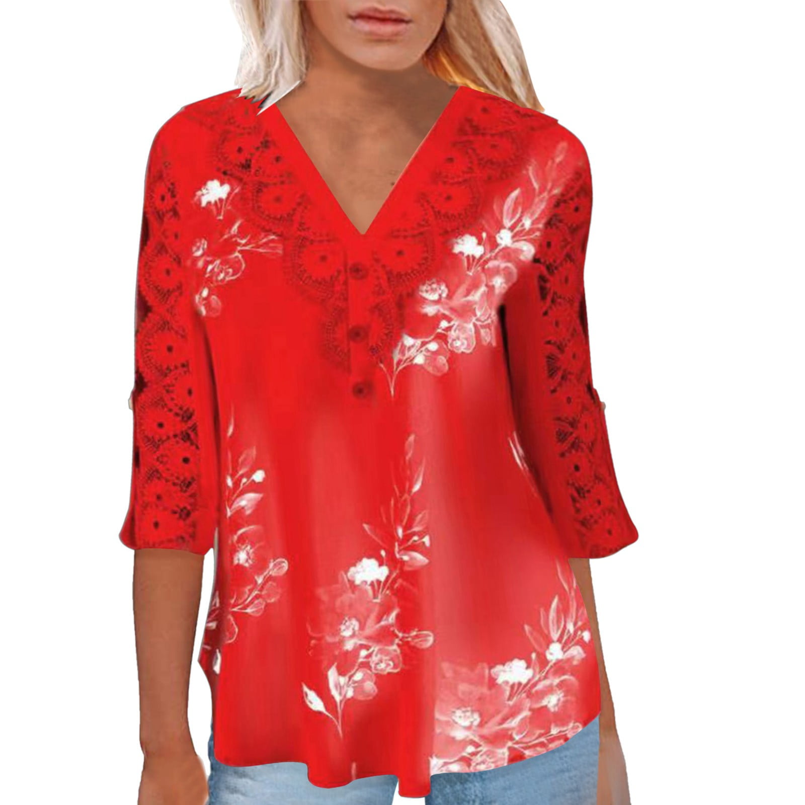 Fshinging Fall Shirts For Women 2025 3/4 S1eeve V Neck Blouses Floral ...