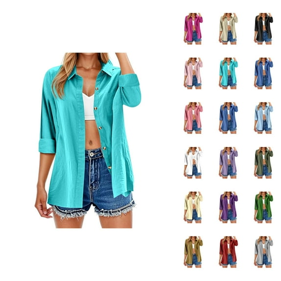 Fall Shirts for Women 2025 Lightweight Breathable Long Sleeve Button Down Collared Linen ...
