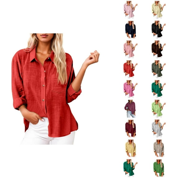 Fall Shirts for Women 2025 Long Sleeve Button Down Collared Slit Linen Shirt Business Casual ...