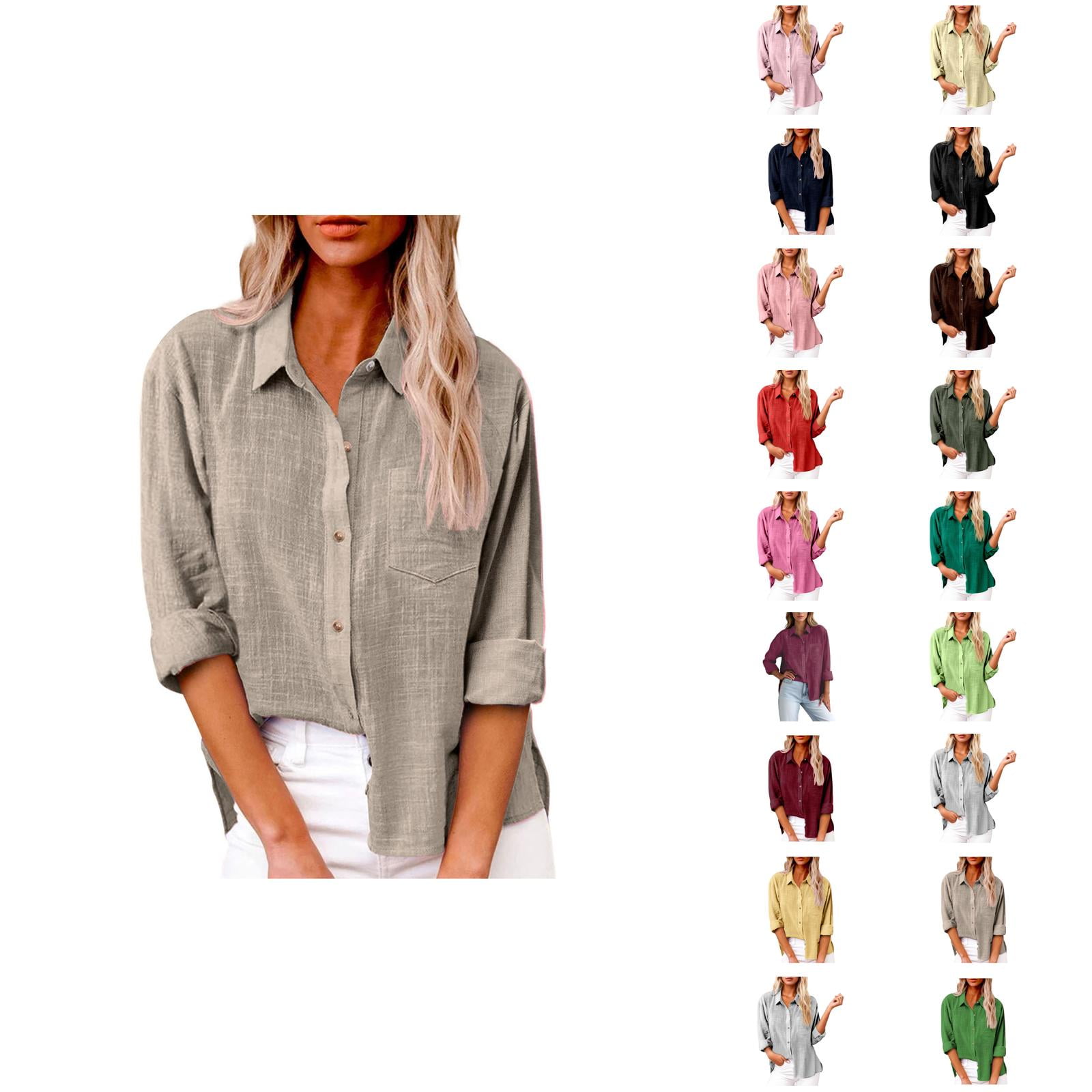 Fall Shirts for Women 2025 Long Sleeve Button Down Collared Slit Linen Shirt Business Casual ...