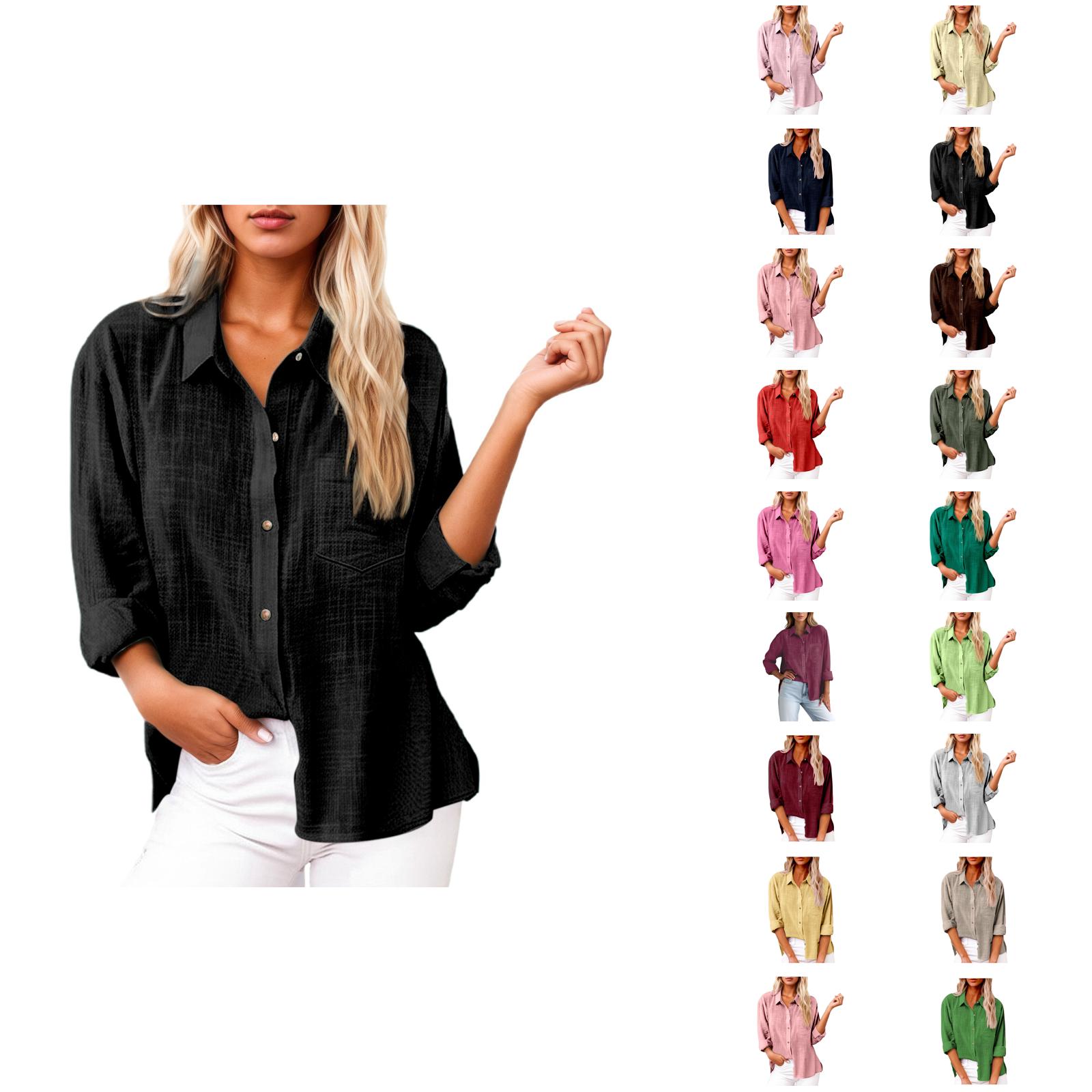 Fall Shirts for Women 2025 Long Sleeve Button Down Collared Slit Linen ...