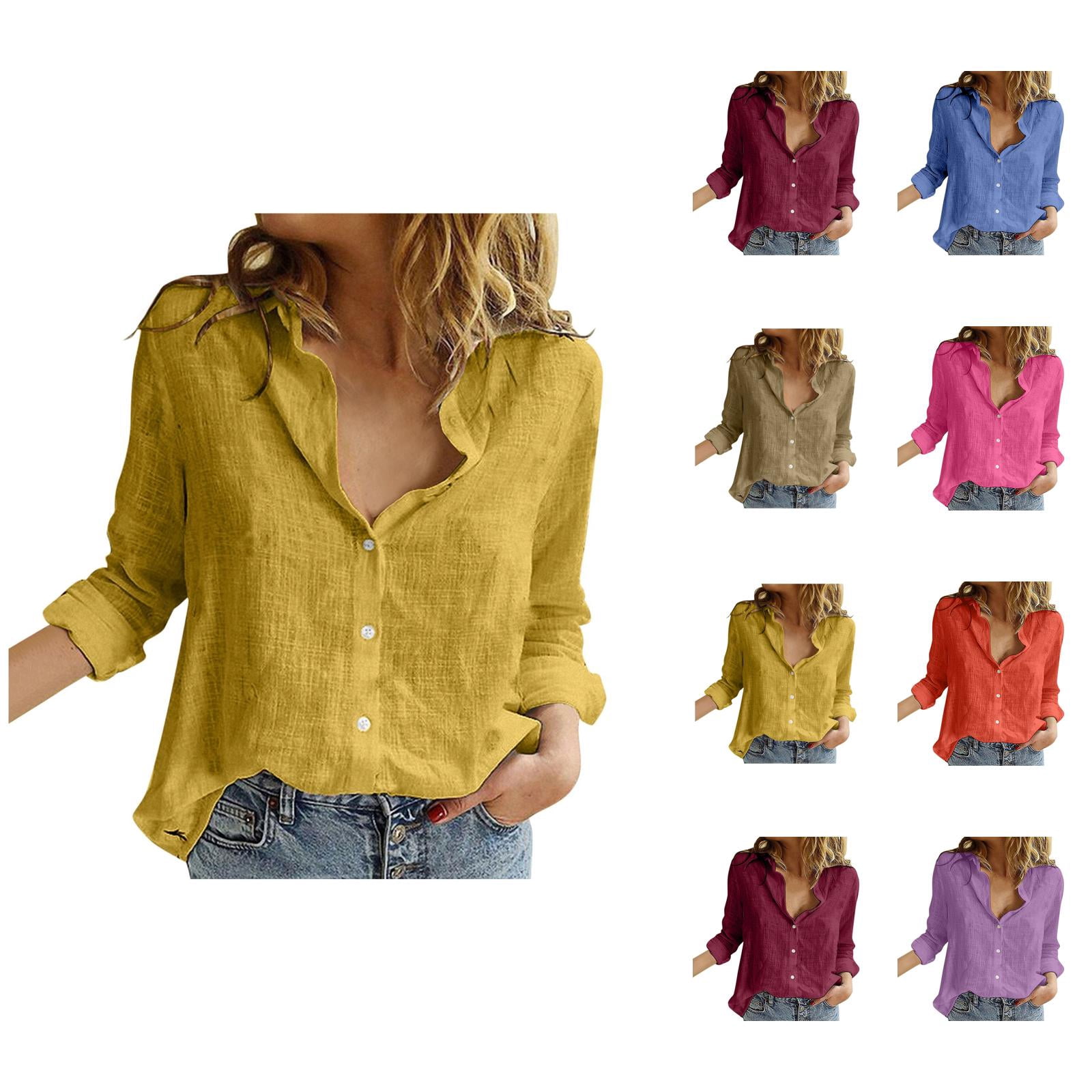 Fall Shirts for Women 2025 Solid Color Lapel Button Down Pleated ...