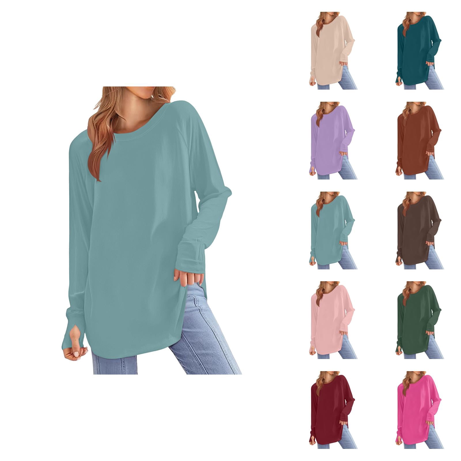 Fall Shirts for Women 2025 Solid Color Loose Fit Crewneck Mid Length ...