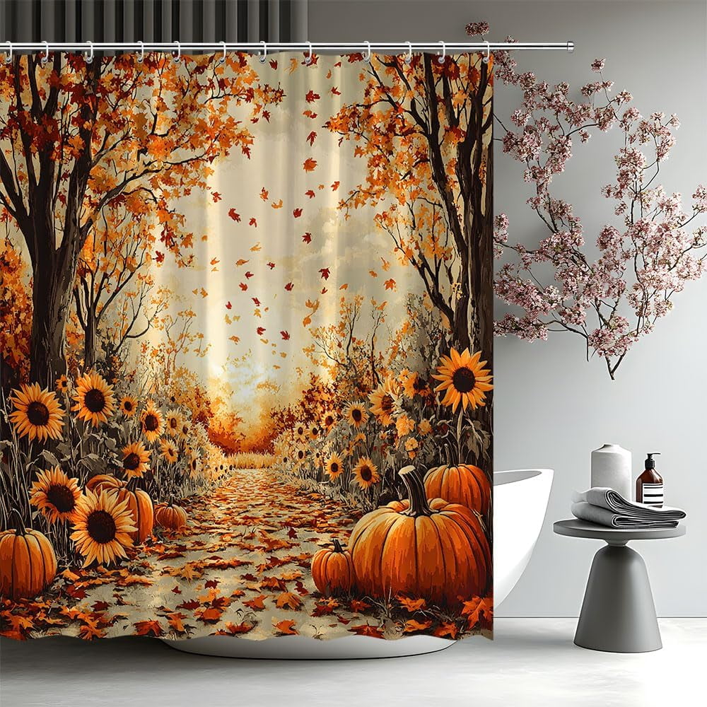 Fall Shower Curtain Autumn Maple Forest Fallen Leaf Pumpkin Sunflower ...