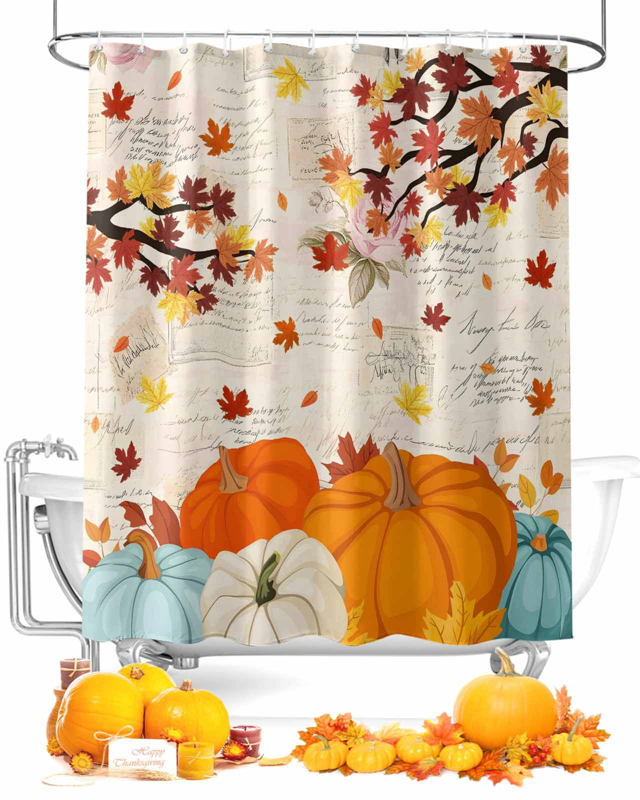 Fall Shower Curtain Harvest Pumpkin Bathroom Curtains with Hooks ...
