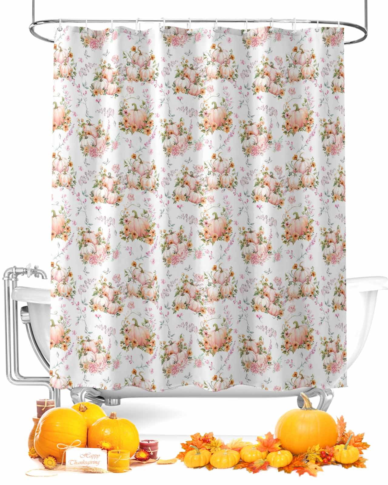 Fall Shower Curtain Pink Pumpkin Bathroom Curtains with Hooks ...