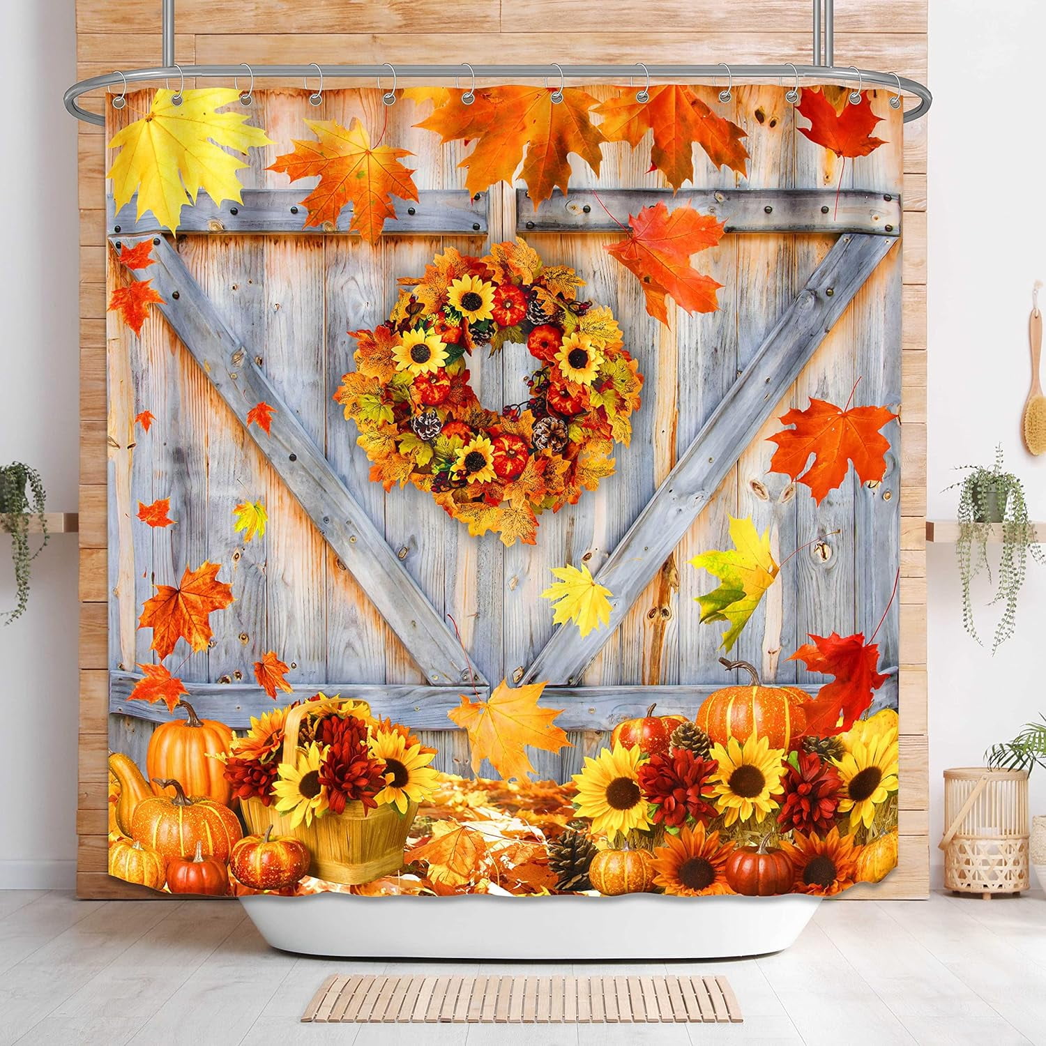 Fall Shower Curtain Rustic Autumn Pumpkins Shower Curtains for Bathroom ...