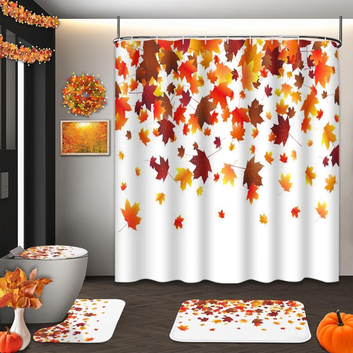 Fall Shower Curtain Set with Toilet Lid Cover and Non-Slip Rugs, Orange ...