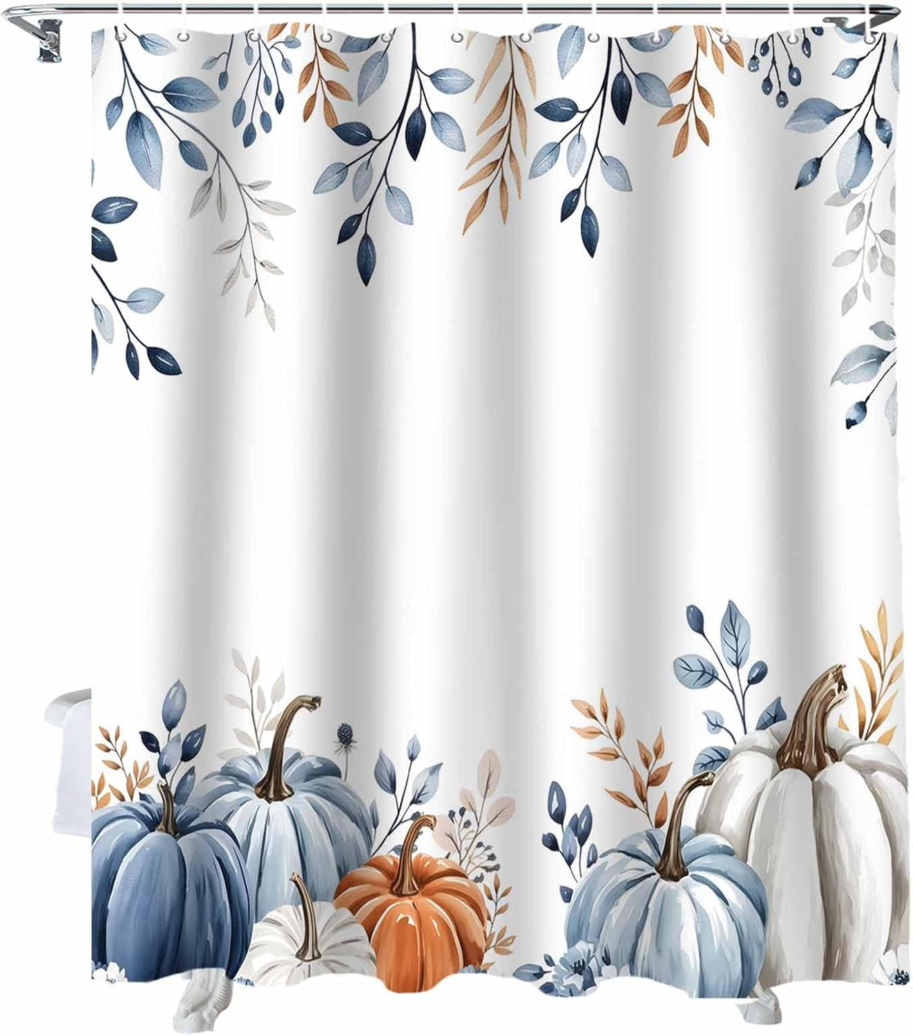Fall Shower Curtain Watercolor Blue Pumpkin Bath Curtains Leaves Floral ...
