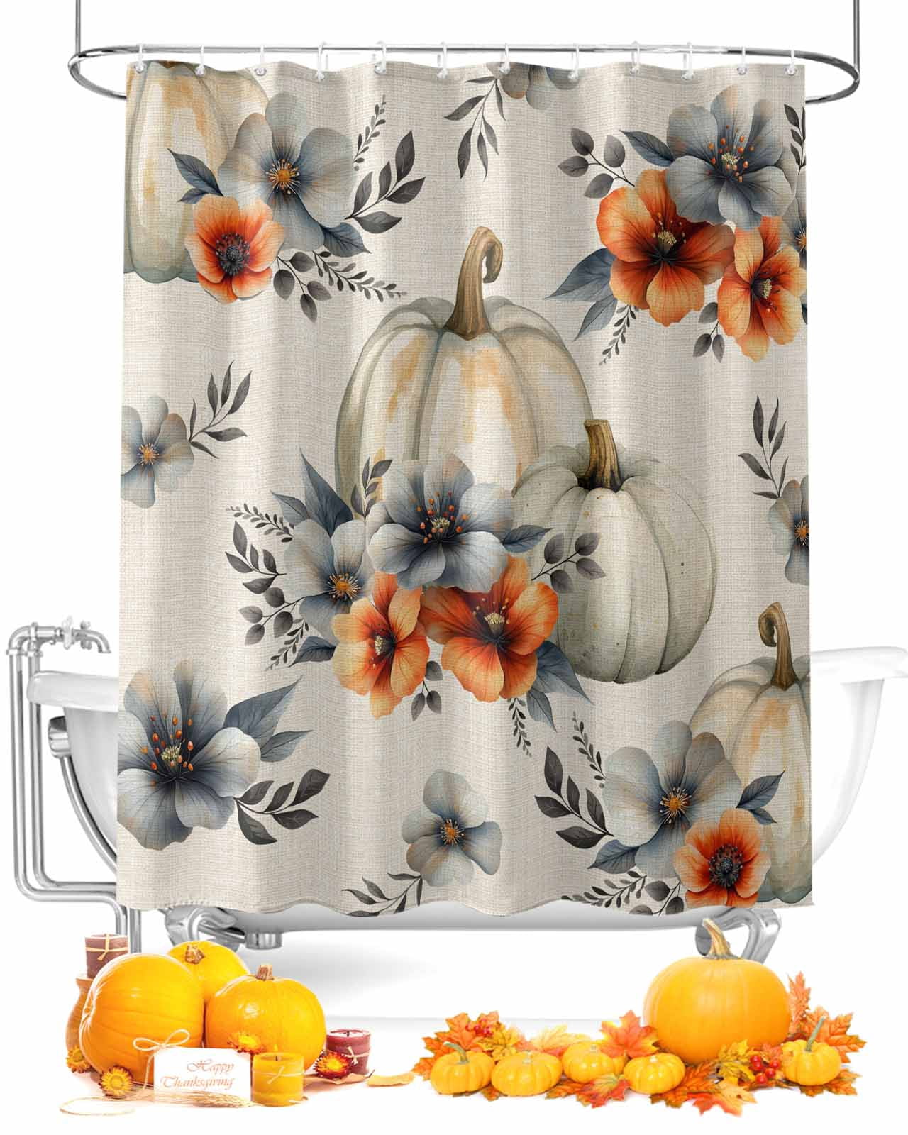 Fall Shower Curtain White Pumpkin Bathroom Curtains with Hooks ...