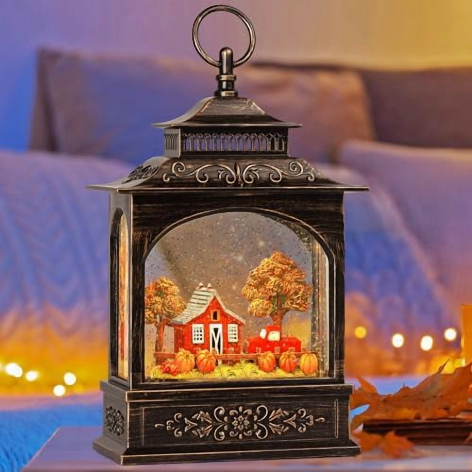 Fall Snow Globe Lantern, 6H Timer Lighted Snow Lantern, Plug-in ...