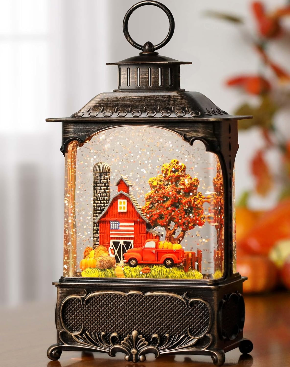 Fall Snow Globe Lantern with Red Truck Barn Pumpkin Fall Decorations ...