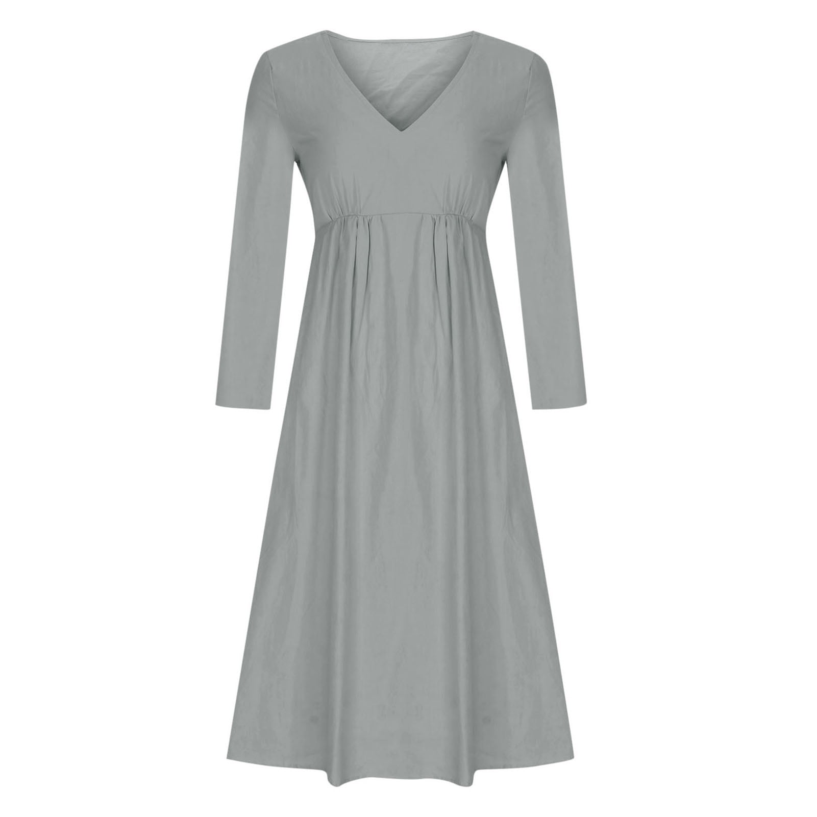 Fall Spring Women Dress Deep V Neck Pleated A-line Solid Color Mid-calf ...