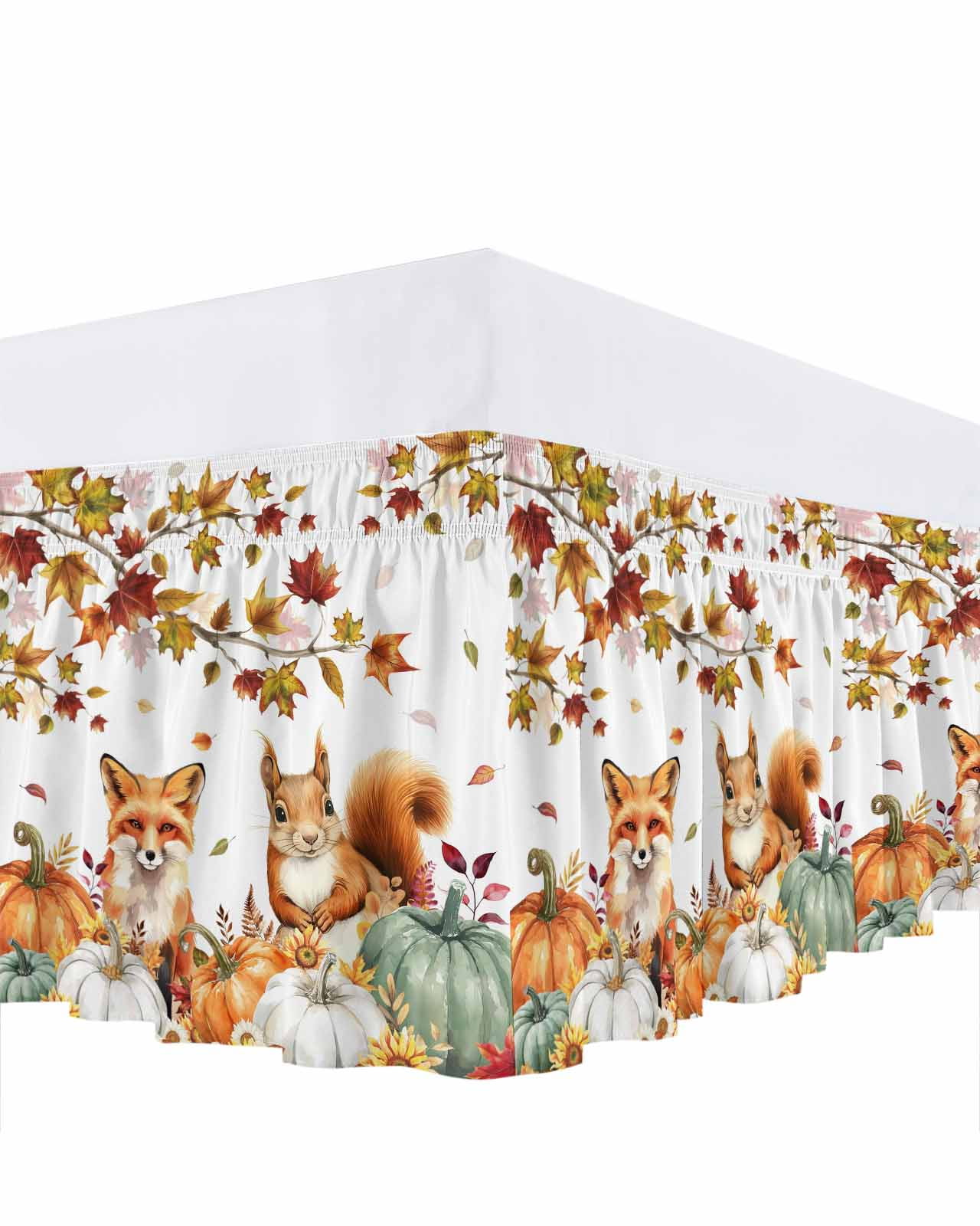 Fall Squirrel Fox Bed Skirt Queen Size 16 Inch Drop, Pumpkin Sunflower ...