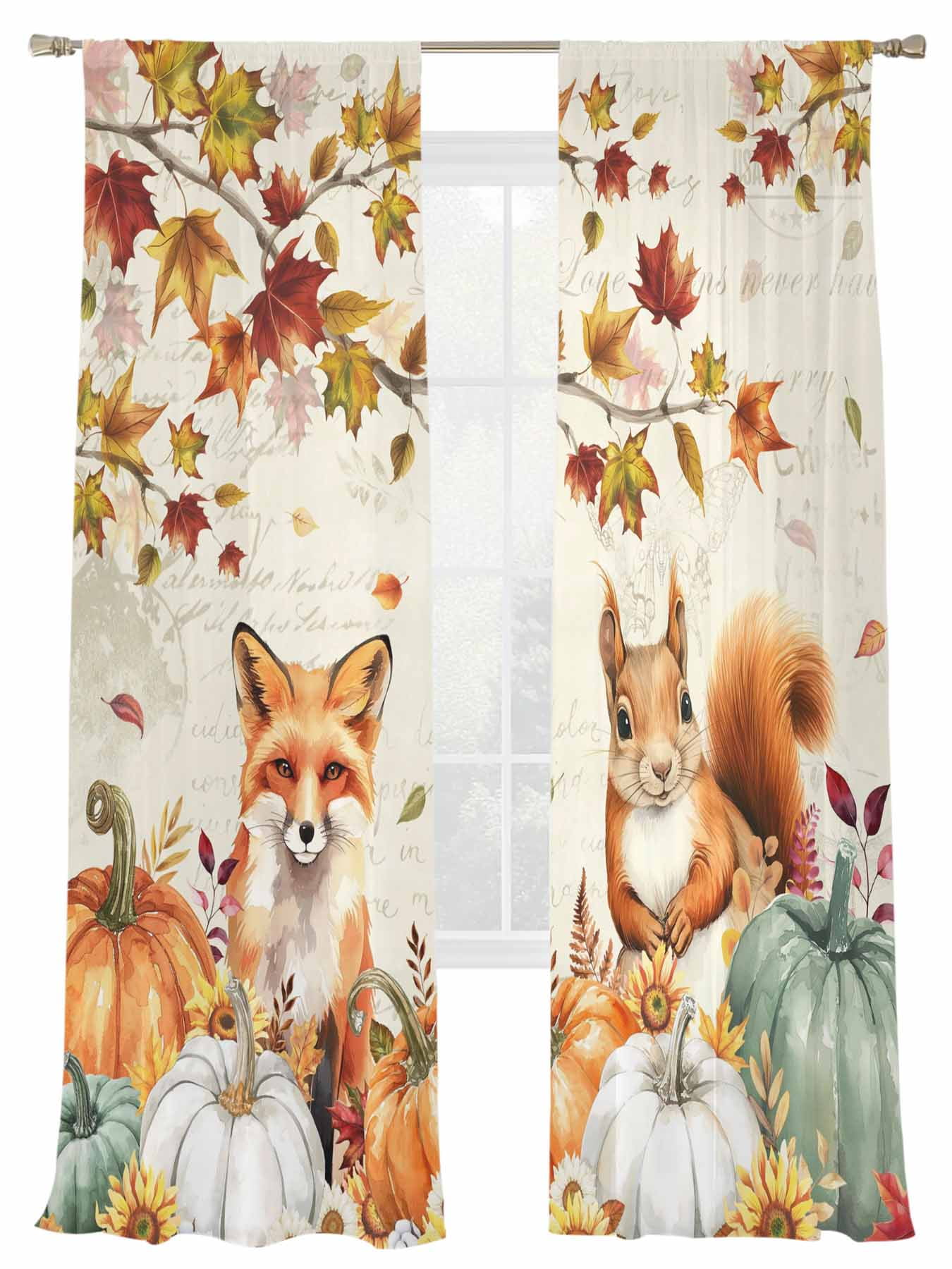 Fall Squirrel Fox Sheer Curtains 84 inches Long, Pumpkin Sunflower Leaf ...