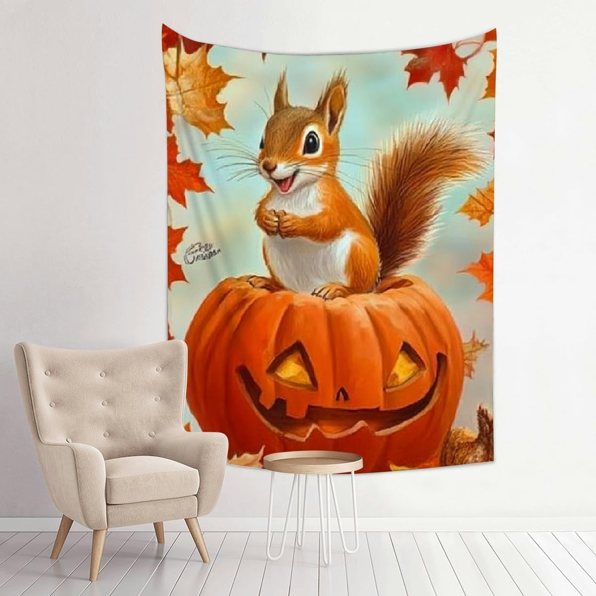 Fall Squirrel Pumpkin Wall Hanging Tapestry, 100% Polyester Decorative ...