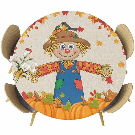 Fall Straw Man Round Tablecloth, Fitted Table Cover with Elastic for 55 ...