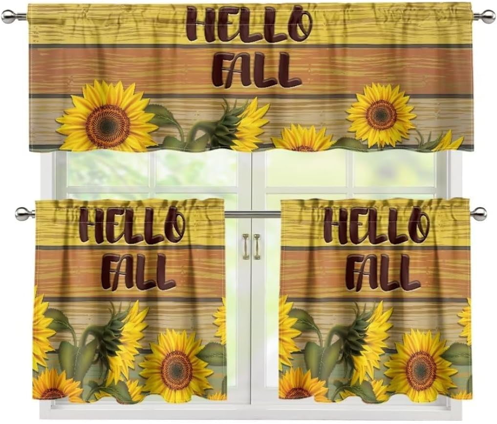 Fall Sunflower Kitchen Curtain Valance and Tiers Set of 3 Blocks ...