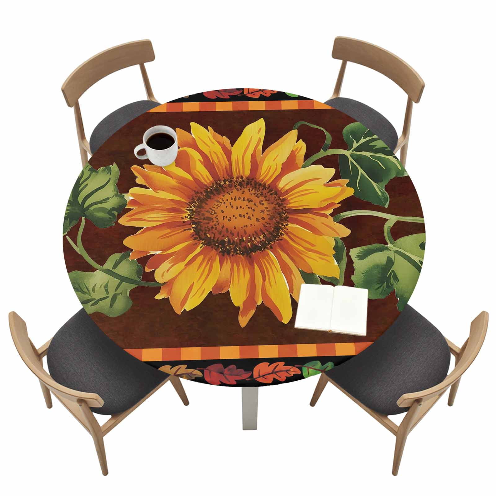 Fall Sunflower Round Fitted Tablecloth with Elastic Edge Orange Floral ...
