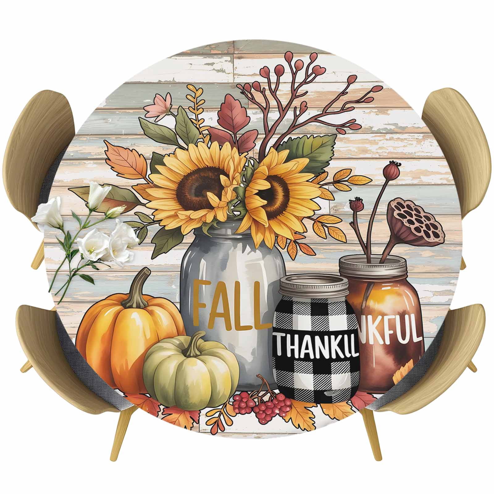 Fall Sunflower Round Tablecloth, Fitted Table Cover with Elastic for 36 ...