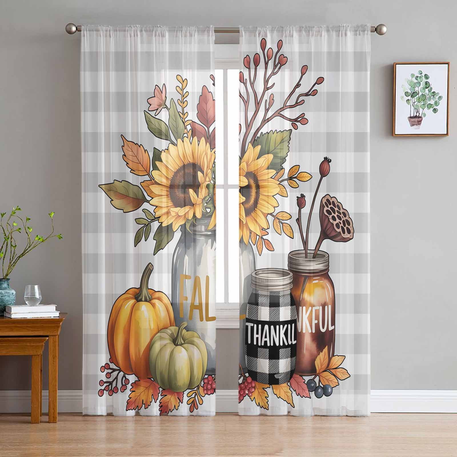 Fall Sunflower Sheer Curtains 63 Inches Length 2 Panels Set, Window ...