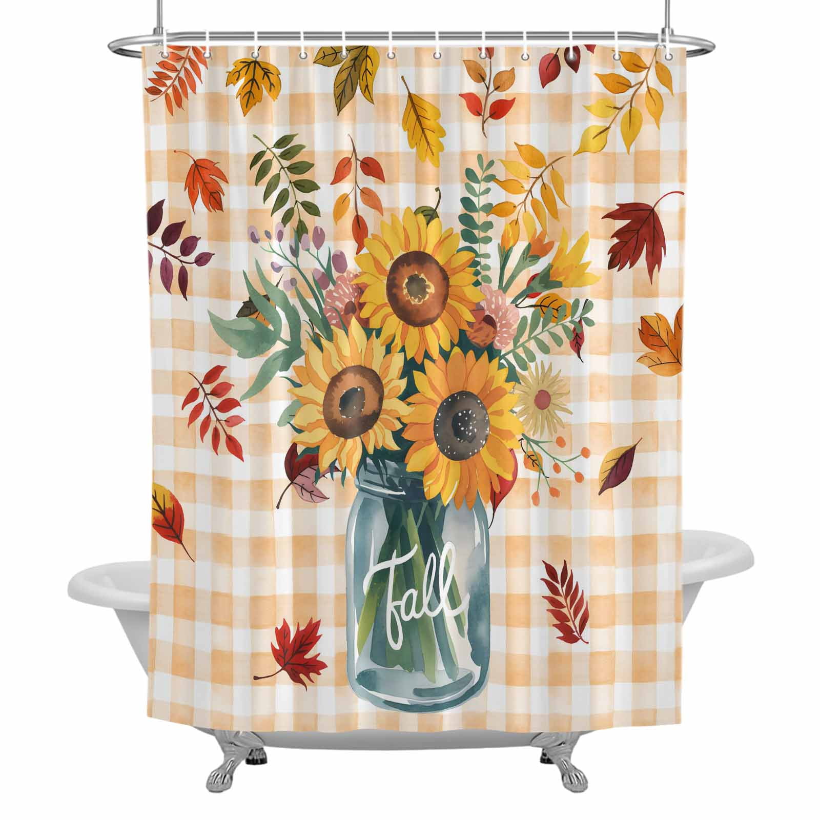 Fall Sunflower Shower Curtain for Bathroom, Watercolor Maple Leaf ...
