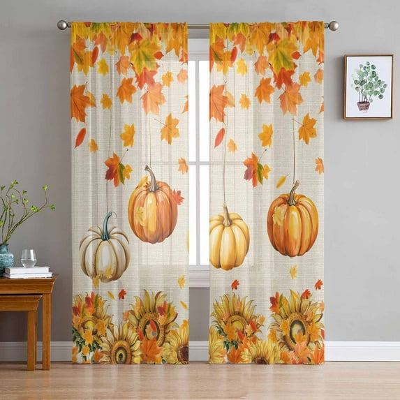 Fall Sunflowers Pumpkins Sheer Curtains 84 Inches Long 2 Panels Set ...