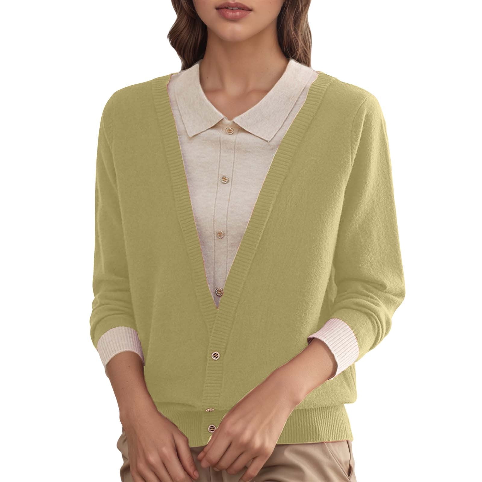 Fall Sweater for Women 2026 Color Block Button Decorate Fake 2 Piece ...