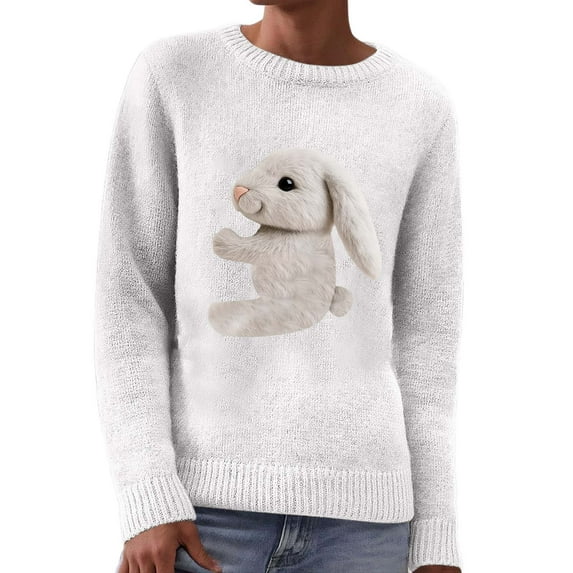 Fall Sweater for Women 2026 Cute Cartoon Rabbit Long Sleeve Crew Neck ...