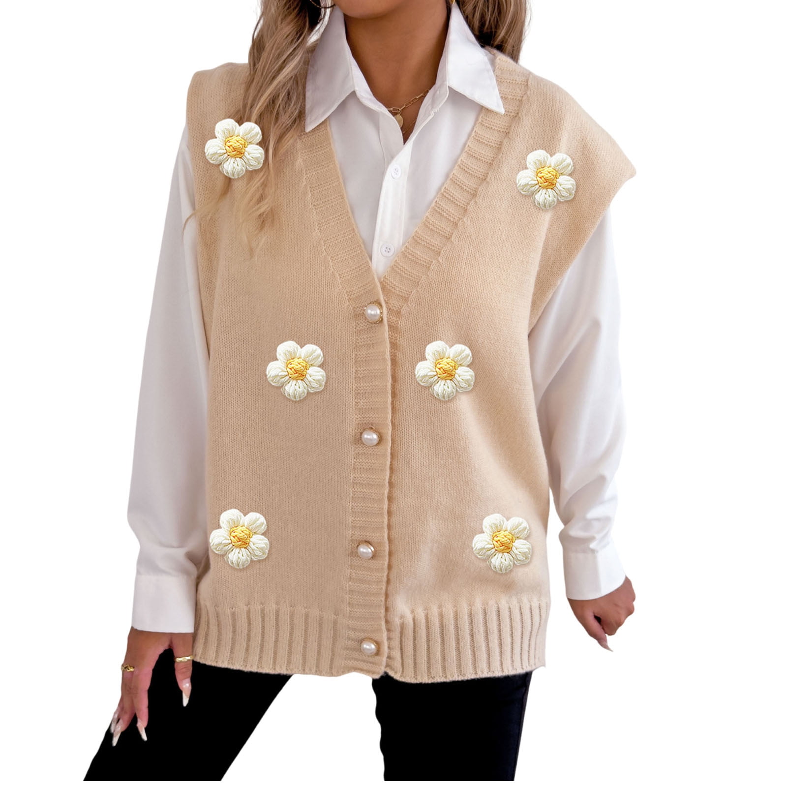 Fall Sweater for Women Floral Button Down Sweater Vest V Neck Knitted ...