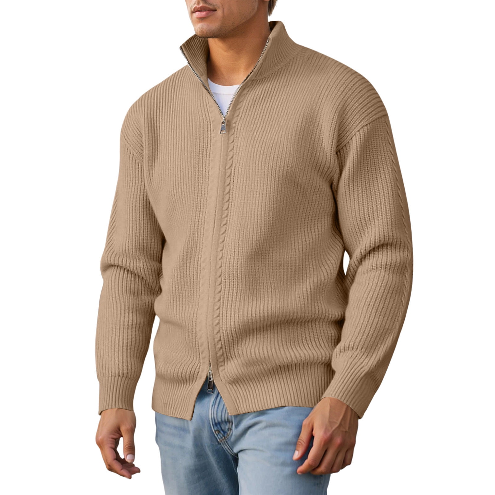 Fall Sweaters For Men Solid Color Style Double Zip Stand Collar Mens ...