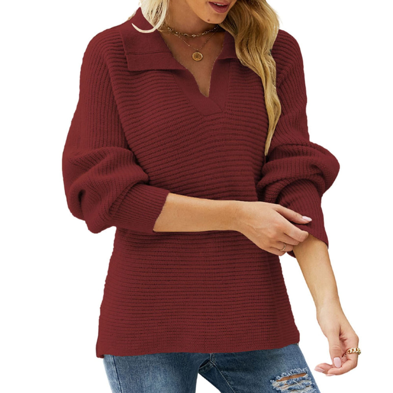 Fall Sweaters for Women 2025 LHOPY Lapel Collar V Neck Long Sleeve ...