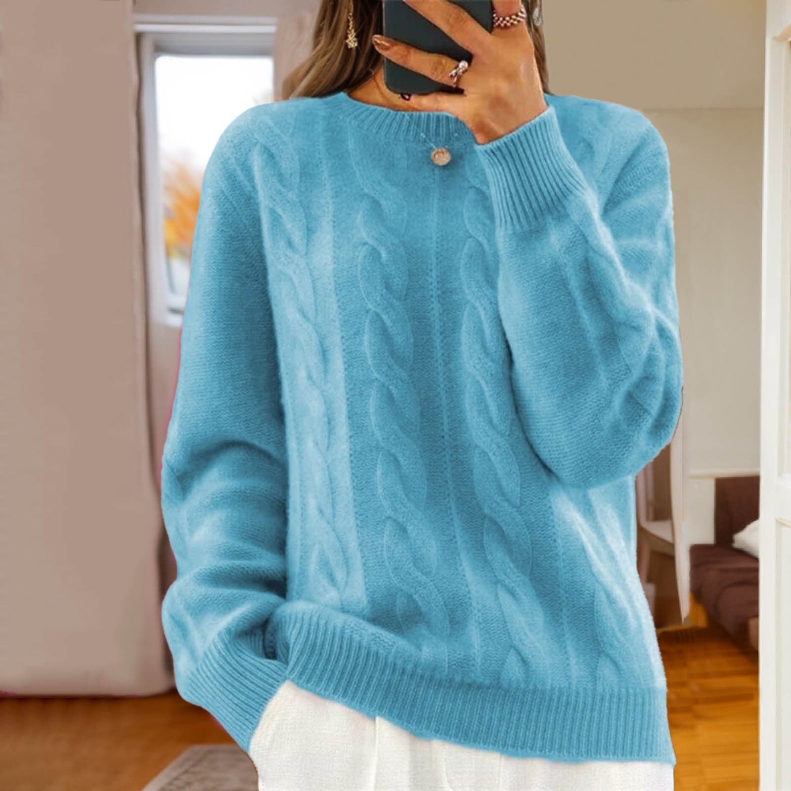 Fall Sweaters for Women Loose Fit Crew Neck Sweaters Solid Color ...