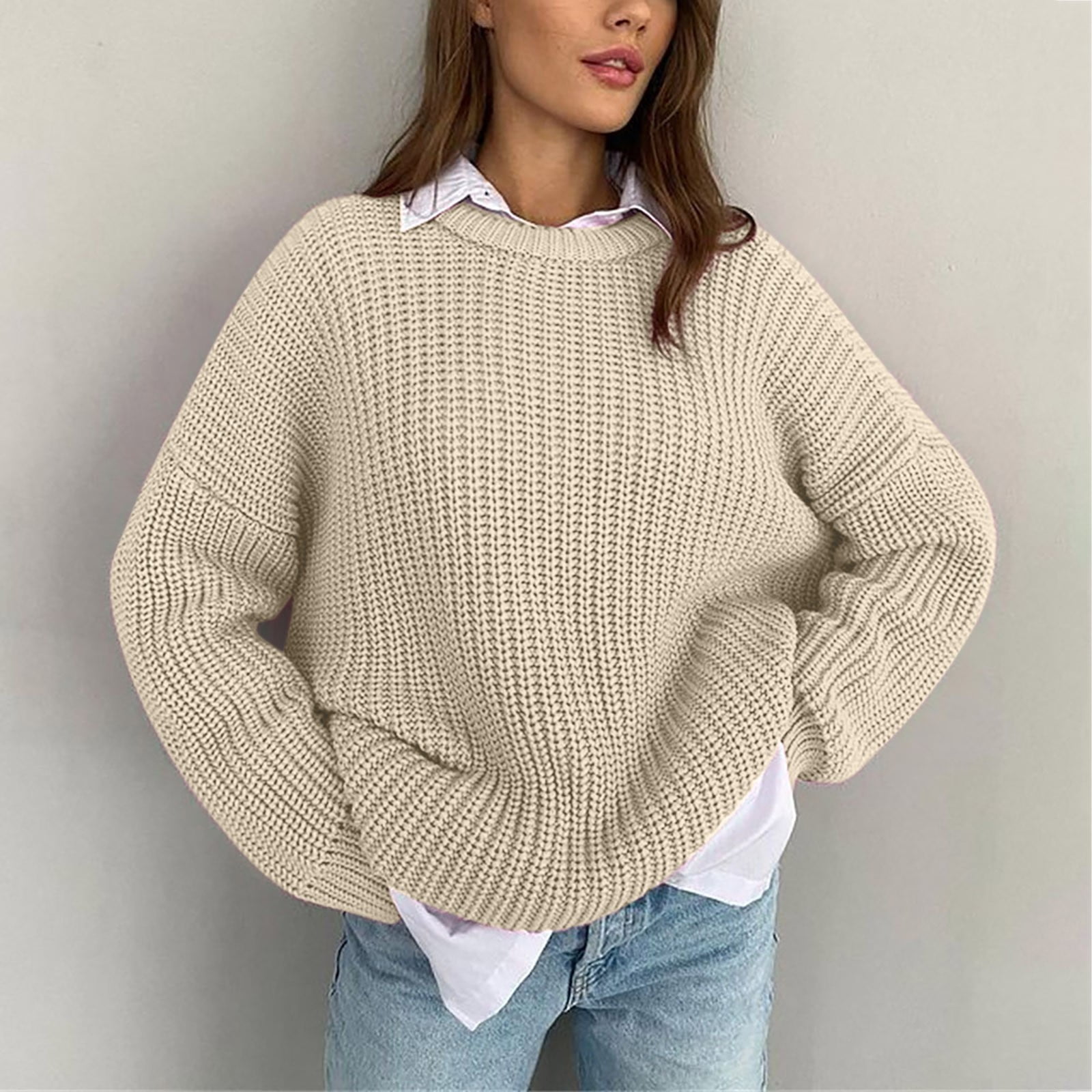 Fall Sweaters for Women Solid Color Crew Neck Sweaters Loose Fit Lazy ...