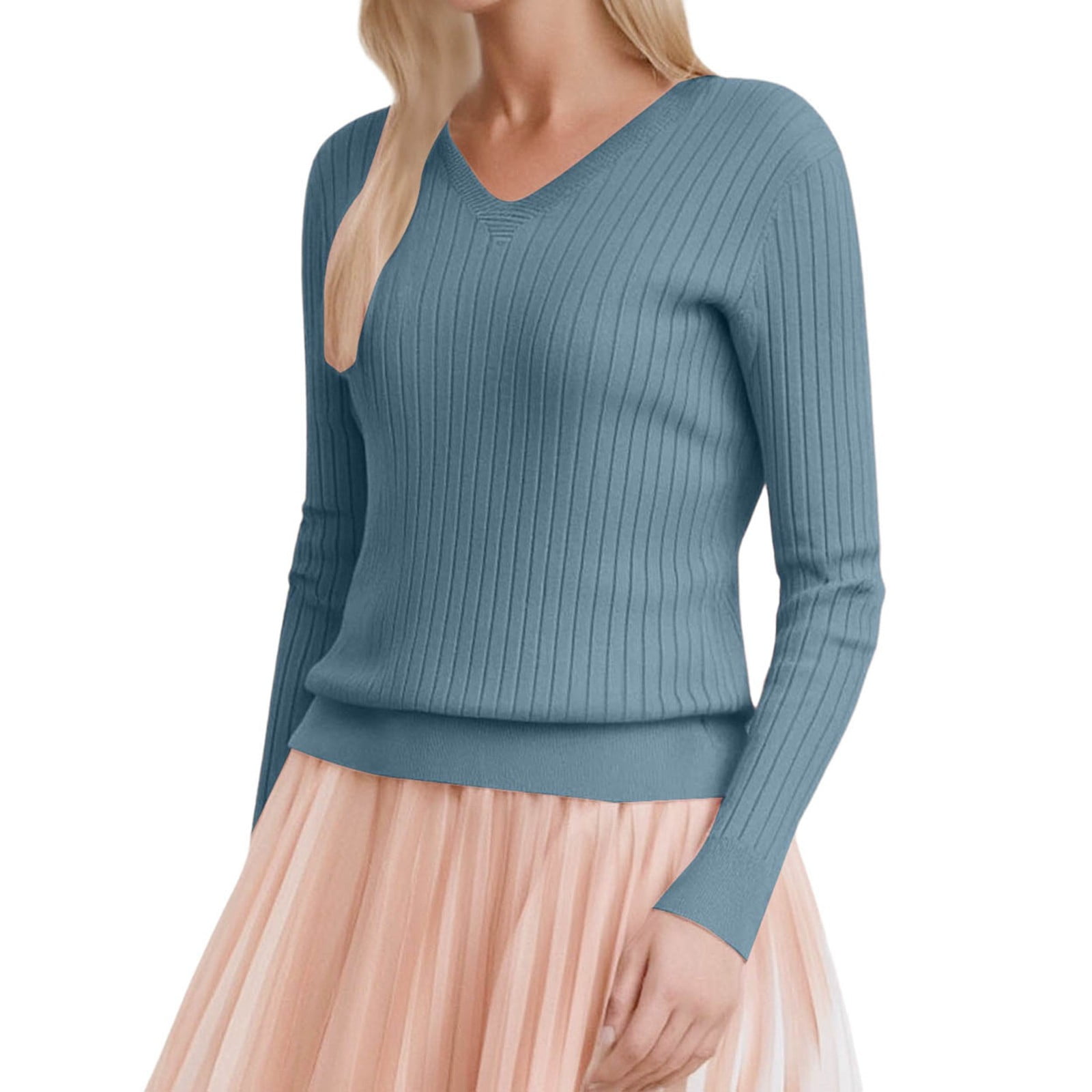 Fall Sweaters for Women V Neck Ribbed Knit Sweaters Long Sleeve Solid ...