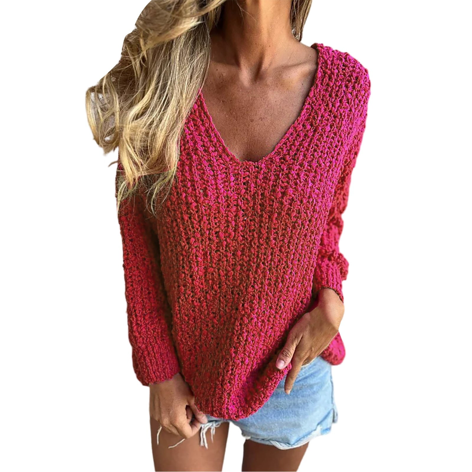 Fall Sweaters for Women, Women's Casual Winter Coarse Knit V Neck Lazy ...