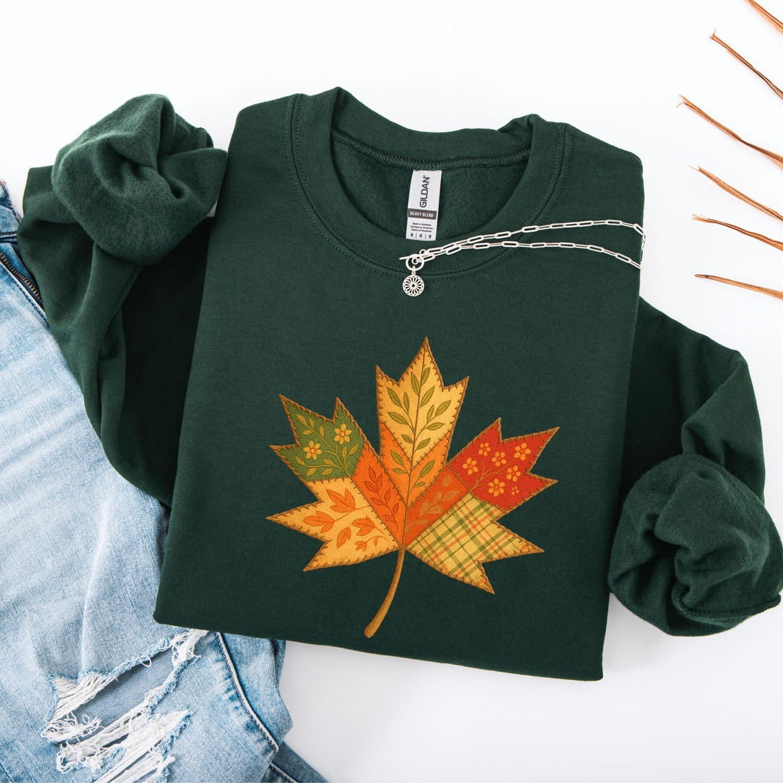 Fall Sweatshirt, Patchwork Leaf Autumn Crewneck, Thanksgiving ...