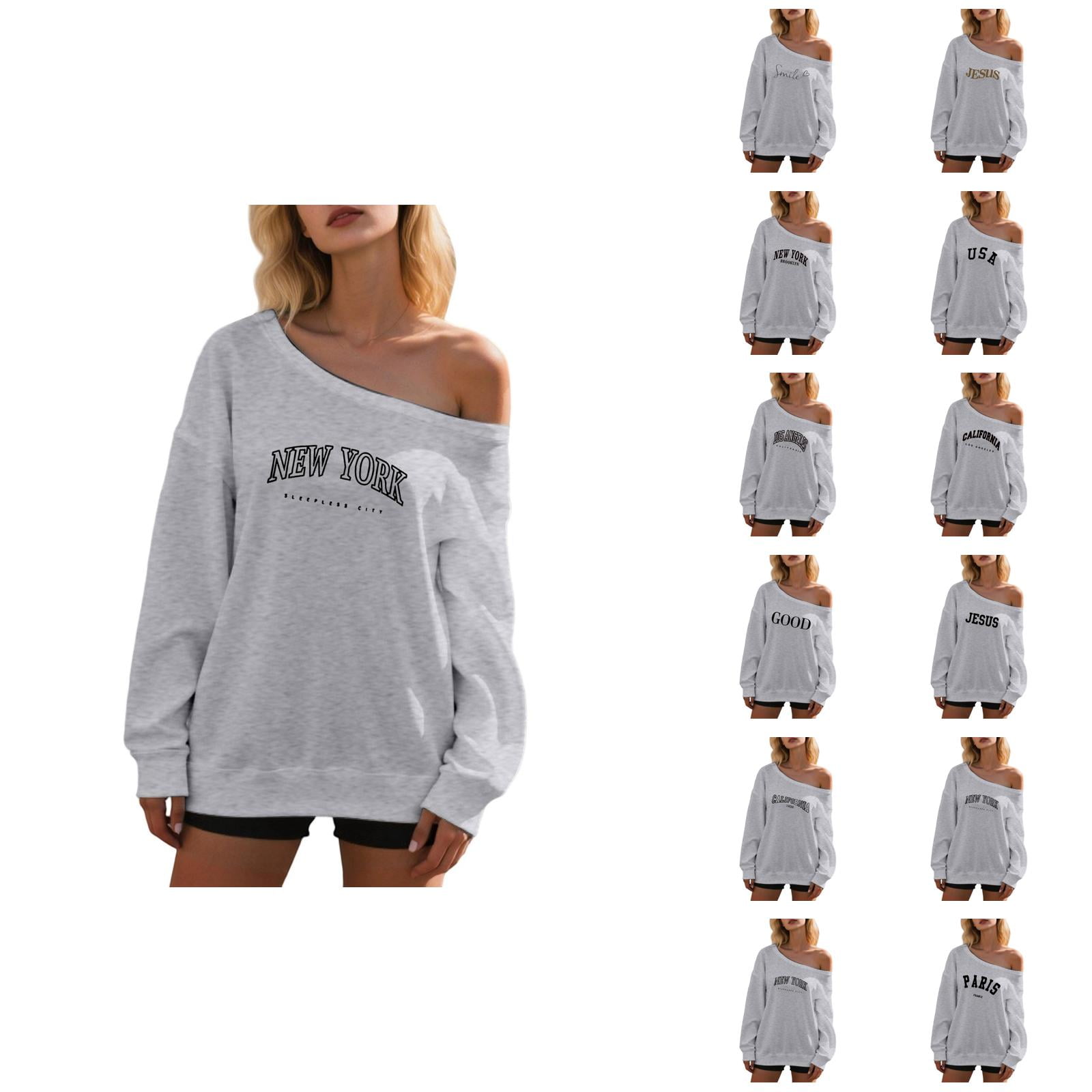 Fall Sweatshirts for Women 2025 Long Sleeve One Shoulder Grey Letter ...